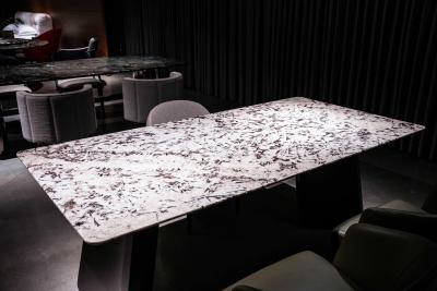 China Modern Luxury Rectangular Natural Marble Dining Table, Snow‑Pattern Granite Tabletop with Matte Black Metal Base for Home & Villa for sale