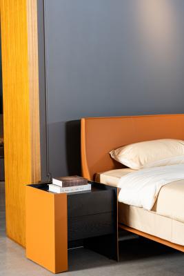 China Modern Luxury Nightstand with Two Drawers, Orange Leather Clad Side Panels and Black Wood Grain Top for Bedroom for sale