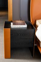 China Modern Luxury Nightstand with Two Drawers, Orange Leather Clad Side Panels and Black Wood Grain Top for Bedroom for sale