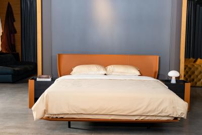 China Italian Minimalist Full Leather Upholstered Bed, Orange Genuine Leather Bed Frame for Master Bedroom for sale