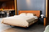 China Italian Minimalist Full Leather Upholstered Bed, Orange Genuine Leather Bed Frame for Master Bedroom for sale
