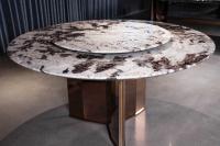 China Modern Luxury Round Dining Table, Imported Snow Blue Luxury Stone Top with Rotating Tray & Metal Base for sale