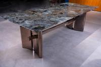 China Modern Luxury Rectangular Dining Table, Imported Blue Emerald Luxury Stone Top with Polished Metal Legs for Villa & Hotel Dining Room for sale