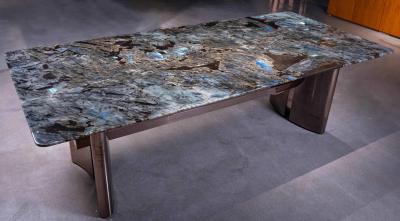 China Modern Luxury Rectangular Dining Table, Imported Blue Emerald Luxury Stone Top with Polished Metal Legs for Villa & Hotel Dining Room for sale