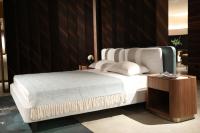 China Modern Luxury Upholstered Bed Frame, High Striped Headboard Platform Bed with Stainless Steel Base for Master Bedroom & Villa for sale