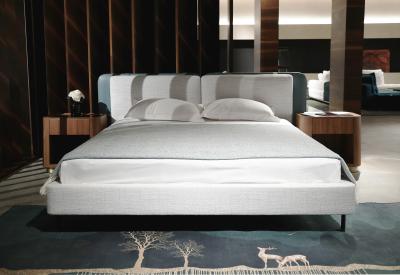 China Modern Luxury Upholstered Bed Frame, High Striped Headboard Platform Bed with Stainless Steel Base for Master Bedroom & Villa for sale