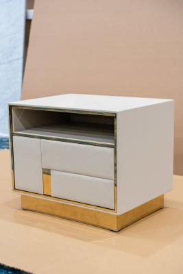 China Modern Luxury Bedside Cabinet, White Upholstered Nightstand with Gold Metal Trim & Open Shelf for Master Bedroom for sale