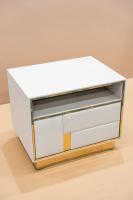 China Modern Luxury Bedside Cabinet, White Upholstered Nightstand with Gold Metal Trim & Open Shelf for Master Bedroom for sale