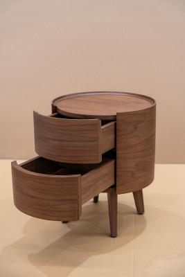 China Modern Minimalist Round Nightstand, Walnut Veneer Bedside Cabinet with Two Drawers for Bedroom & Villa for sale