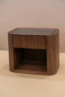 China Modern Minimalist Walnut Nightstand, Rounded Bedside Cabinet with Drawer & Open Shelf for Bedroom for sale