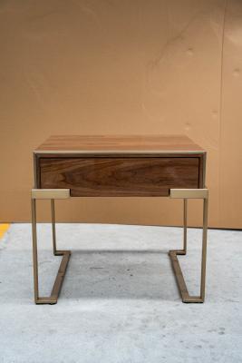 China Modern Luxury Nightstand, Walnut Bedside Table with Gold Metal Frame & Drawer for Bedroom & Villa for sale
