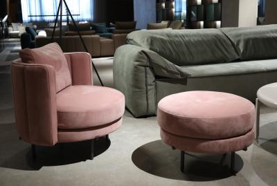 China Modern Minimalist Single Sofa with Ottoman, Round Upholstered Armchair & Footstool with Metal Legs for Living Room for sale