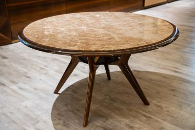 China Modern Minimalist Round Dining Table, Golden Brown Marble Top with High-Gloss Solid Wood Base for sale