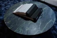 China Modern Minimalist Round Coffee Table, Imported Luxury Avocado Green Stone Top with Black Wooden Base for sale