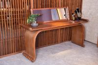 China New Chinese Solid Wood Writing Desk, Home Office Study Desk with Leather Backboard & Scroll‑Shape Curved Legs for sale