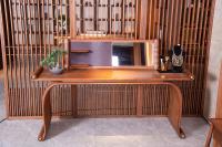 China New Chinese Solid Wood Writing Desk, Home Office Study Desk with Leather Backboard & Scroll‑Shape Curved Legs for sale