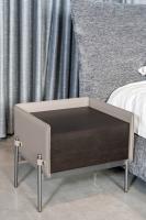 China Modern Minimalist Nightstand, 550×500×500mm, Oak Veneer with Premium Saddle Leather and Stainless Steel Frame for sale