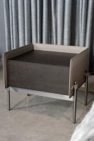 China Modern Minimalist Nightstand, 550×500×500mm, Oak Veneer with Premium Saddle Leather and Stainless Steel Frame for sale