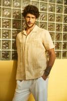 China Ramie Men'S summer Short Sleeve Cuban Dress Apricot Loose for sale