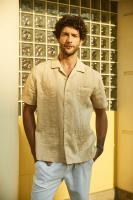 China Ramie Men'S summer Short Sleeve Cuban Dress Apricot Loose for sale