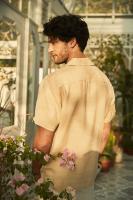 China Ramie Men's Casual Short Sleeve Shirts Cuban Dress Apricot Loose for sale