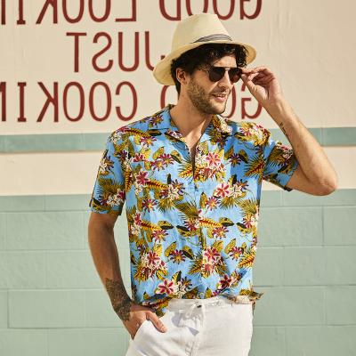 China colorful Men's Casual Short Sleeve Shirts Summer Blue Printed for sale