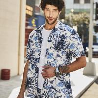 China 100% Linen Custom Hawaiian Shirts Blue Coolness Tropical Button Up Shirt for sale