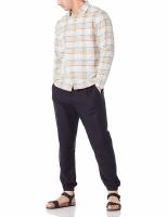 China Beige Plaid 48% Cotton Mens Casual Linen Shirts Pointed Collar Long Sleeve for sale