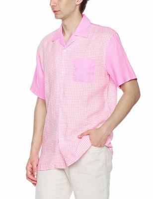 China 100% Linen Camp Collar Business Mens Casual Short Sleeve Shirts Contrast Check Pattern for sale