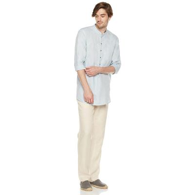 China Men'S 100% Linen White Mandarin Collar Henley Shirt Long Sleeve for sale