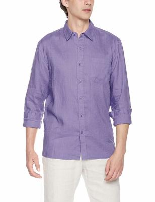 China Plain Purple Woven Mens Casual Linen Shirts Full Sleeve with Turn down Collar for sale