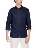 China Blue Curved Hem Business Casual Linen Shirt Long Sleeve Collared Shirt for sale