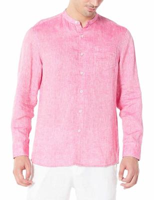 China Chambray Band Collar Woven Mens Casual Linen Shirts Long Sleeve Standard Fit for sale