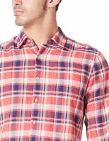 China Orange Plaid gingham Mens Casual Linen Shirts with Band Collar for sale