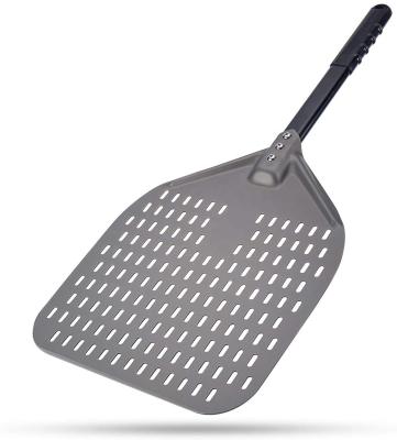 China Alumina Pizza Turning Shovel 12 Inch Black Hard Aluminum Perforated Pizza Peel for sale