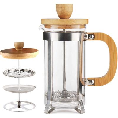 China Stainless Steel Frame Portable Coffee Makers High Borosilicate Glass Coffee Press Bamboo French Press With Bamboo Handle for sale