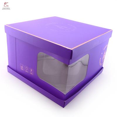 China Custom Printed Cardboard Paper Boxes Purple Colored Cake Packaging Box with Window 6“ 8” for sale
