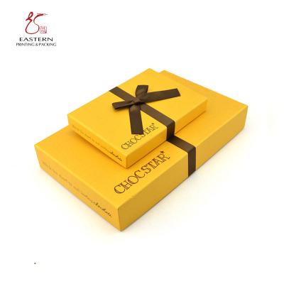 China Custom Gold Art Paper Chocolate Packaging Box with Brown Ribbon 2mm Gray Board for sale
