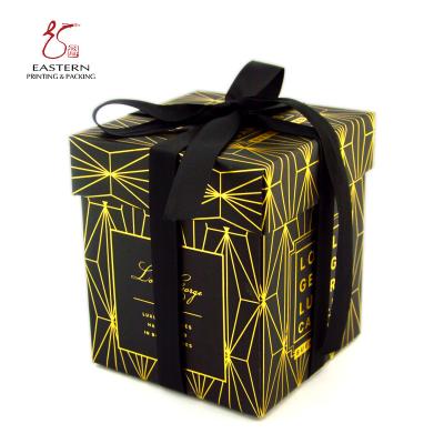 China Custom Candle Packaging Box with Lid 157gsm Coated Paper Black Silk Ribbon for sale
