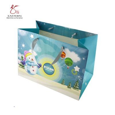 China Custom Christmas Pantone Printed Paper Gift Bags with Ribbon Handle 4-Color Offset for sale