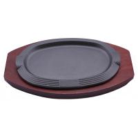 China Oval Cast Iron Sizzler Plate 27x17cm with Wooden Base for Home Restaurant Use for sale