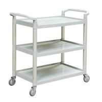 China Plastic 3 Tier Food Trolley 136kg Capacity Hotel Cleaning Supplies Three Shelf Cart with Wheels for sale