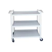 China Plastic 3 Tier Food Trolley 136kg Capacity Hotel Cleaning Supplies Three Shelf Cart with Wheels for sale
