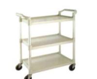 China Plastic 3 Tier Food Trolley 136kg Capacity Hotel Cleaning Supplies Three Shelf Cart with Wheels for sale