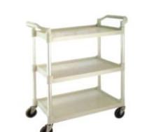 China Plastic 3 Tier Food Trolley 136kg Capacity Hotel Cleaning Supplies Three Shelf Cart with Wheels for sale