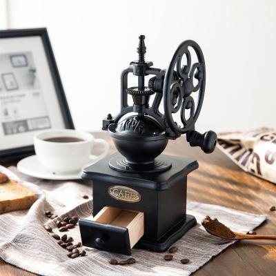 China Retro Manual Coffee Grinder 11.5x11.5x27cm Iron Wood Hand Crank Burr Mill for Home Kitchen for sale