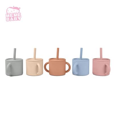China Non Toxic Silicone Baby Cup Two Handles No Spill Food Grade Baby Sippy Cup With Straw for sale
