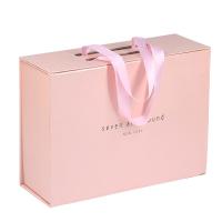 China Foldable Pink Magnetic Closure Gift Box With Ribbon Handle Premium Glossy Finish for sale
