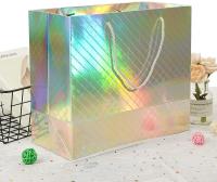 China Custom Logo Printed Wholesale Retail Rainbow Iridescent Fancy Holographic Hologram Paper Gift Bags for sale
