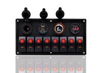 China 8 Gang Marine Rocker Switch Panel 12V 20A with Dual USB Charger and Cigarette Lighter for sale